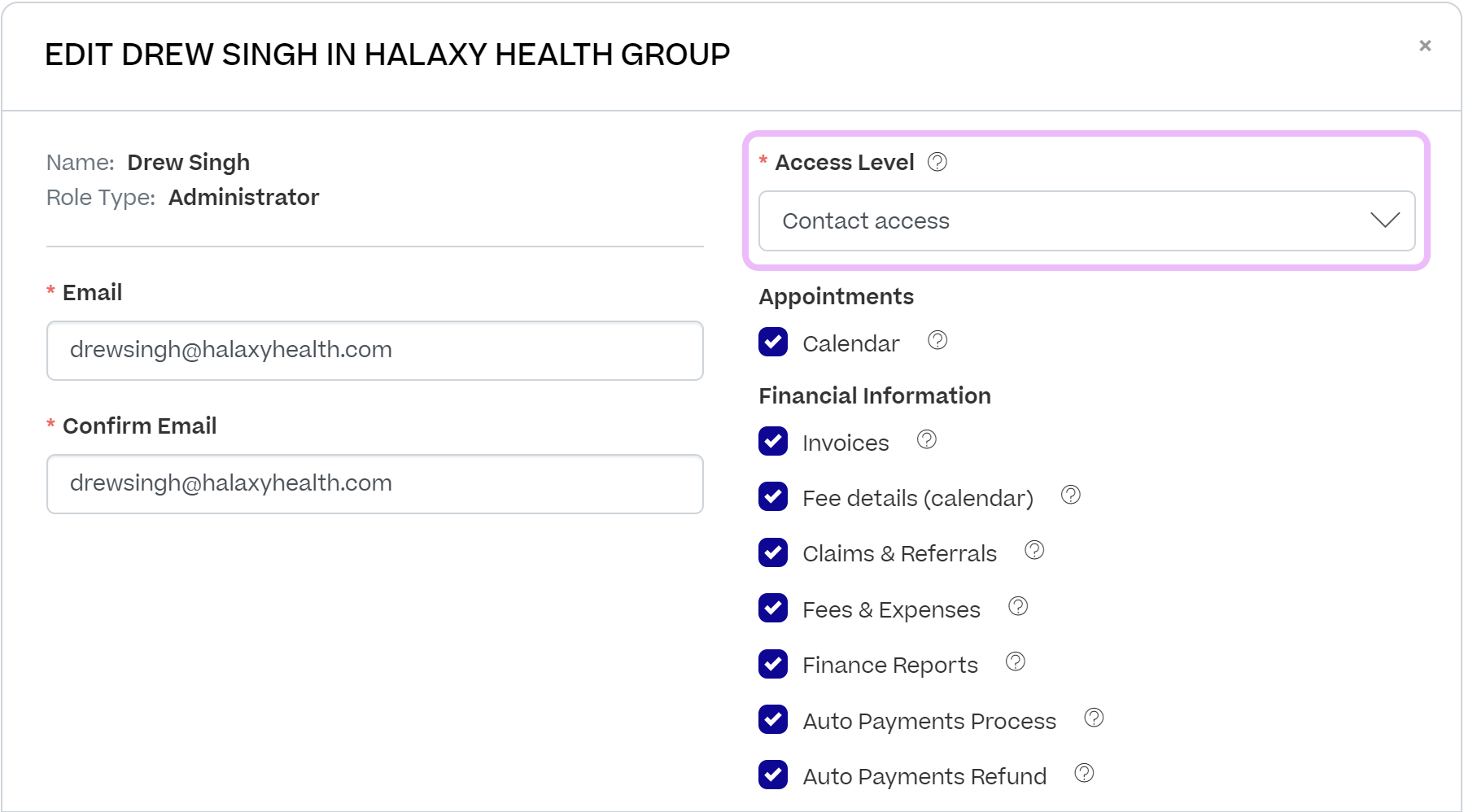 Manage access settings for users – Halaxy Help Guide | United Kingdom