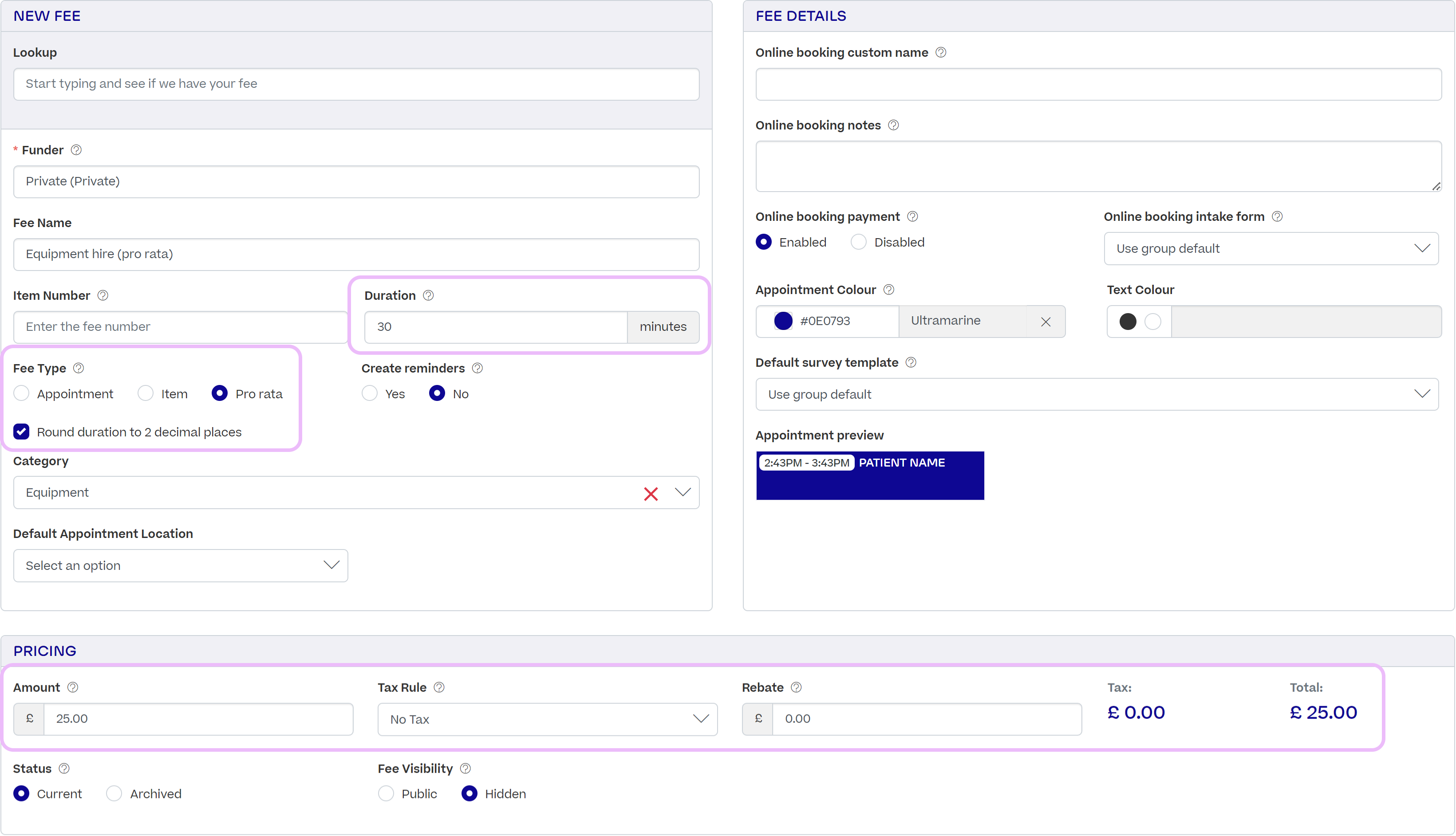 Add a pro rata (duration-based) fee – Halaxy Help Guide | United Kingdom
